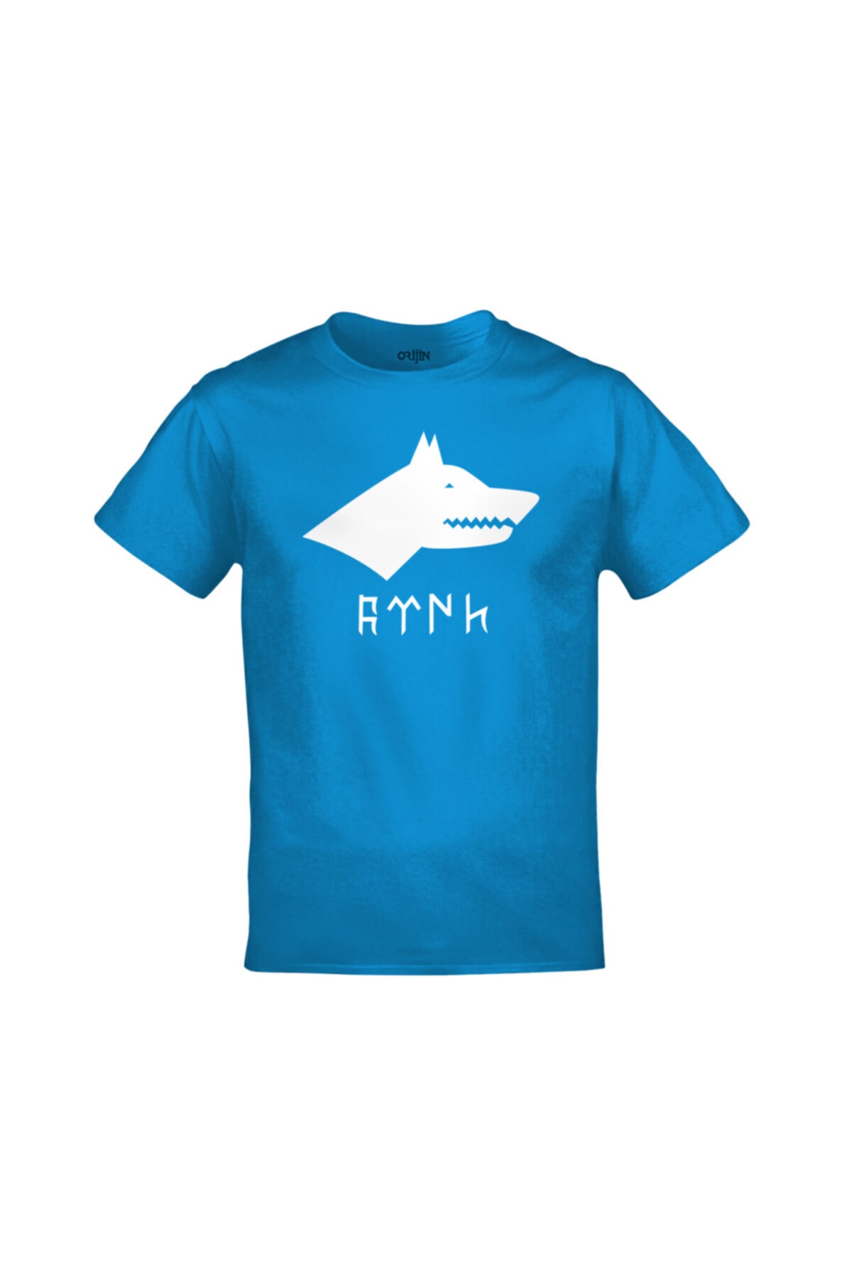 Unisex Mavi Kurt Türk Yazısı Göktürk Alfabesi Baskılı Tshirt - OrijinTex
